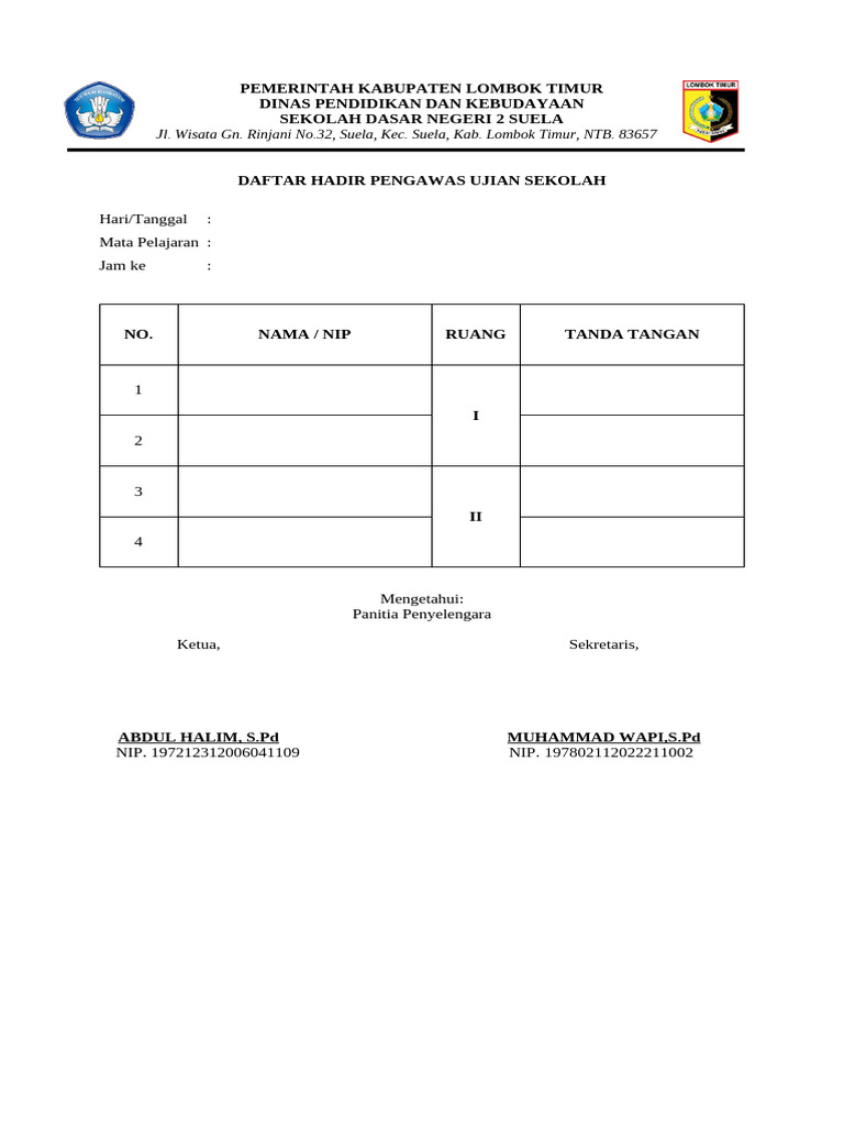 Daftar Pengawas Ruang Ujian Sekolah 2025 | PDF
