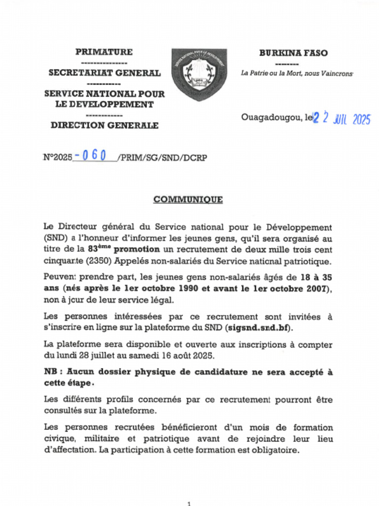 Communique Recrutement Snd2025 | PDF