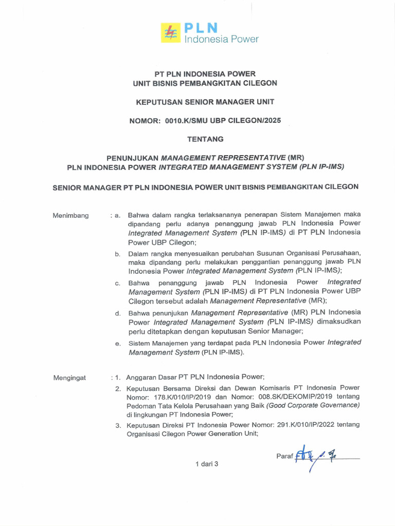 SK SMU 0010.K Penunjukan Management Representative (MR) PLN IP ...