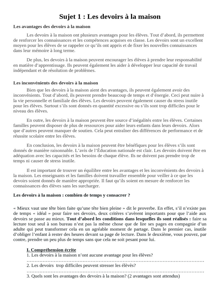 Avantages et inconvénients des devoirs | PDF | Cognition