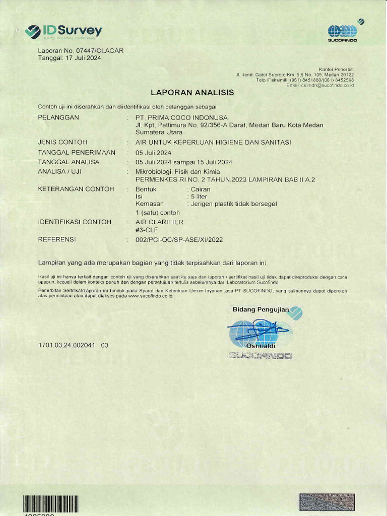 Hasil Analisa Air Clarifier - 24 | PDF