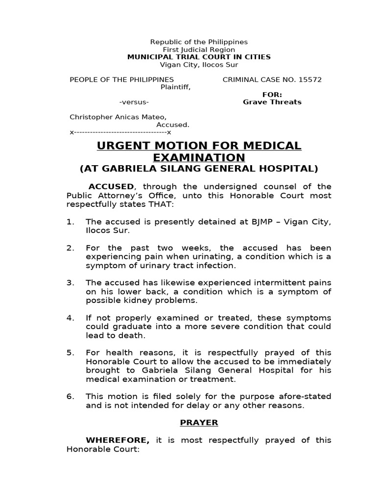 Urgent Medical Exam Motion for Accused | PDF | Judiciaries | Justice