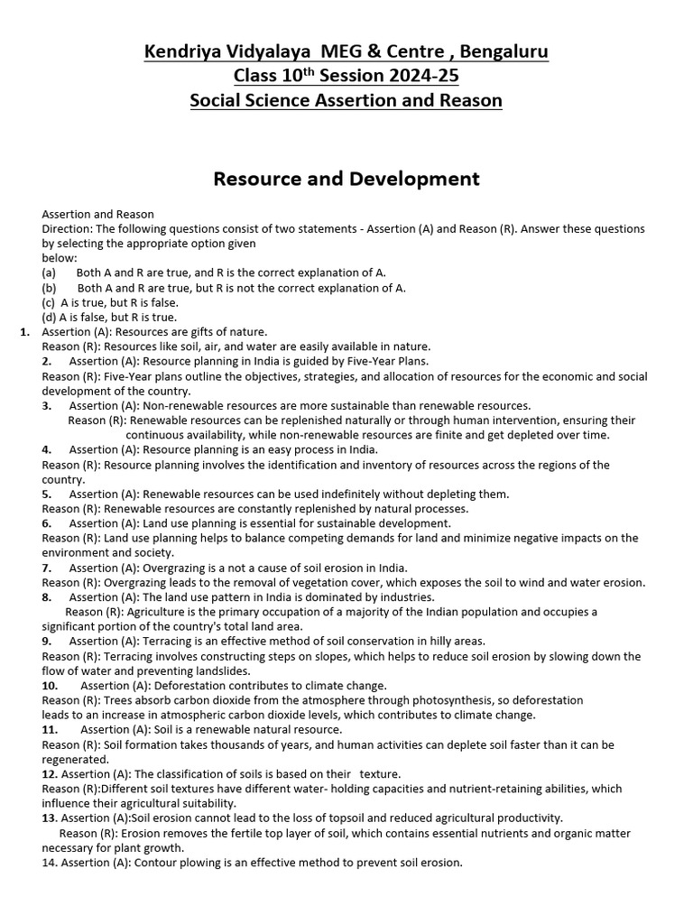 Class 10 Assertion-Reason on Resources | PDF | Loans | Soil