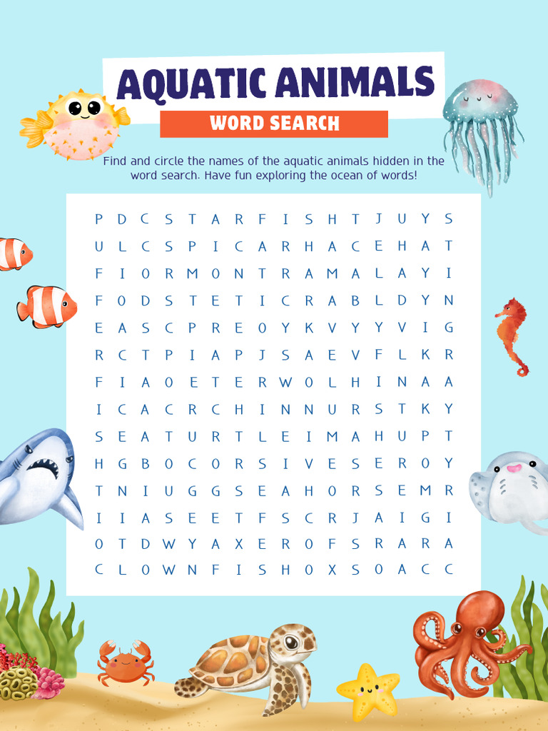 Aquatic Animals Word Search Worksheet Blue in Cute Style | PDF