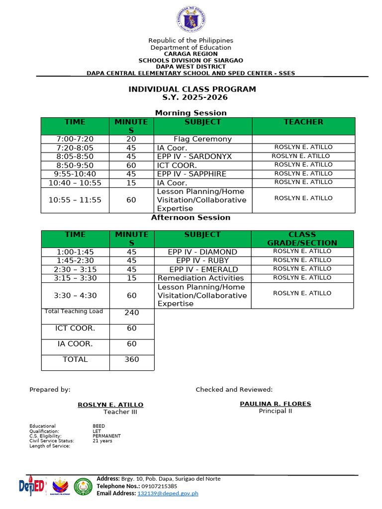 Class Program Teacher Name SY2025 2026 | PDF