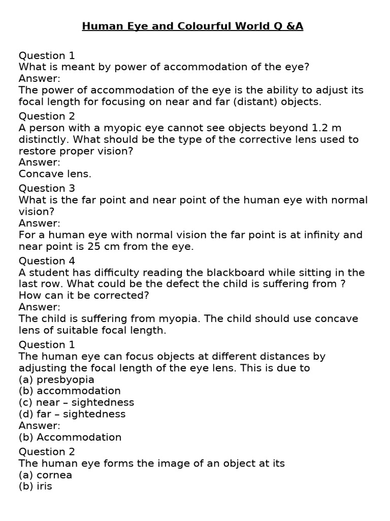 Human Eye and Colourful World QA | PDF | Eye | Human Eye
