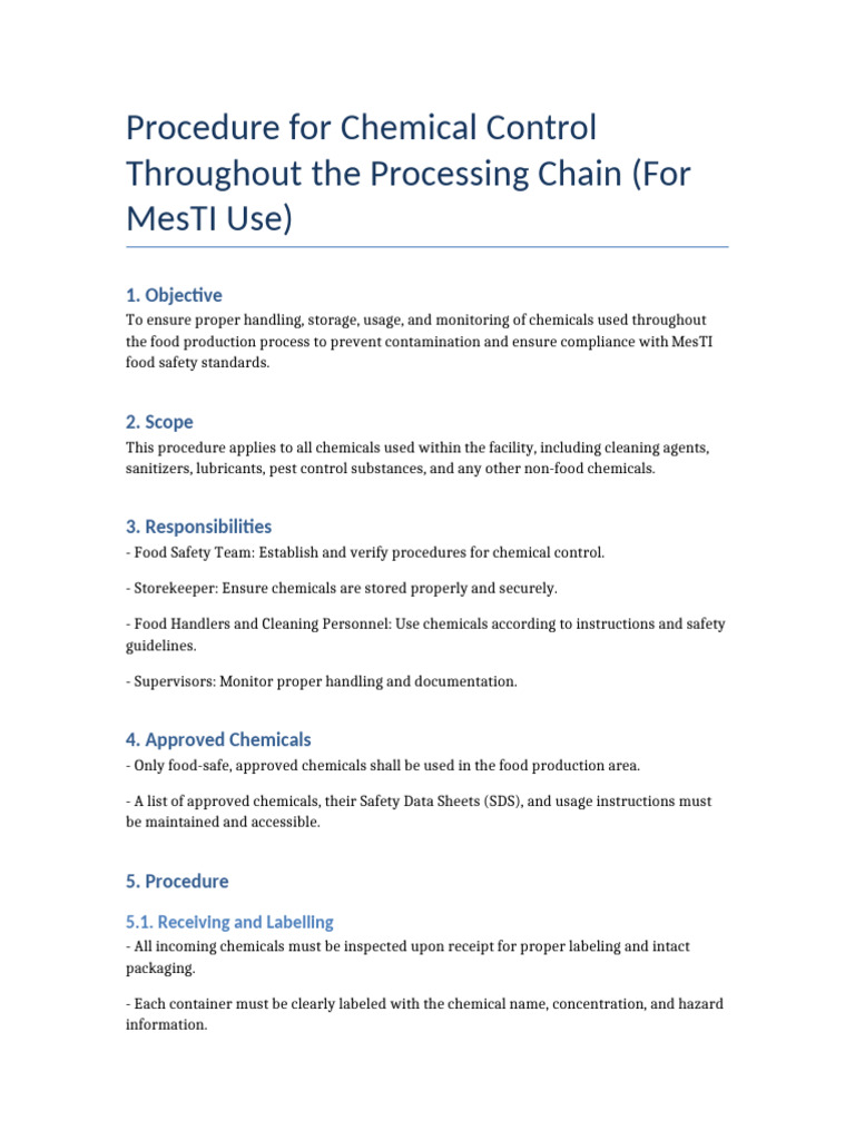 MesTI Procedure Chemical Control | PDF | Food Safety | Safety