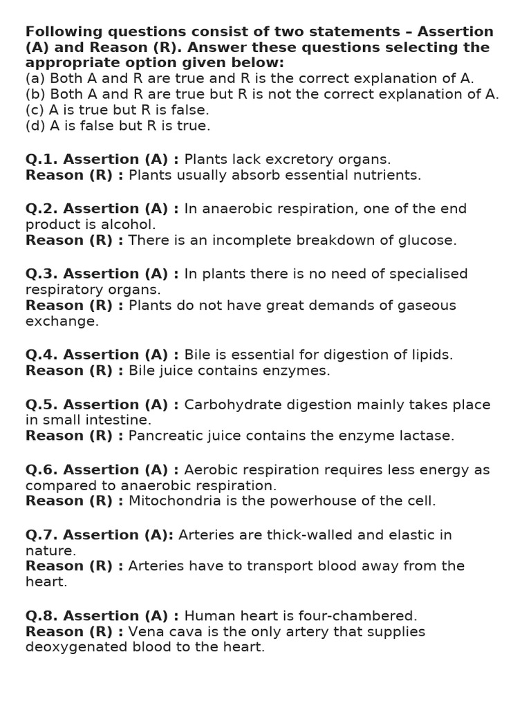 Assertion and Reasoning Questions | PDF | Cellular Respiration | Digestion