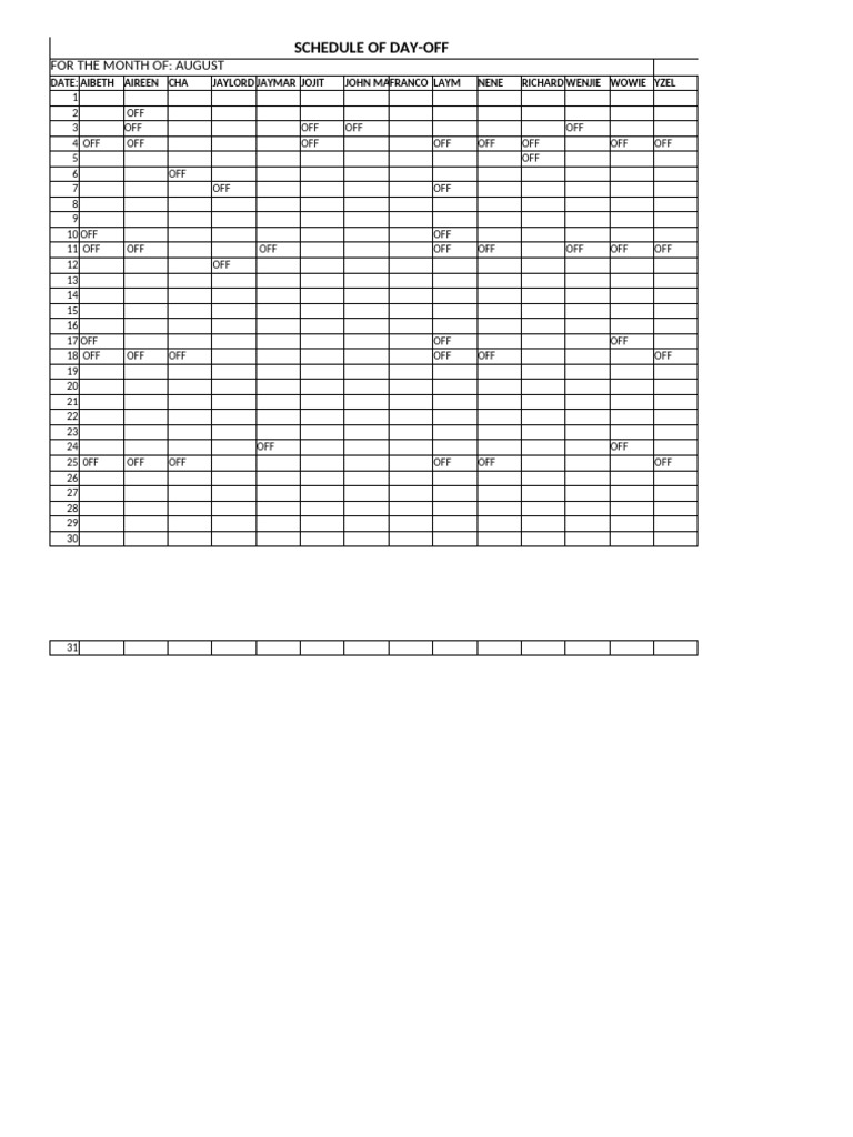 August Day-Off Schedule 2023 | PDF