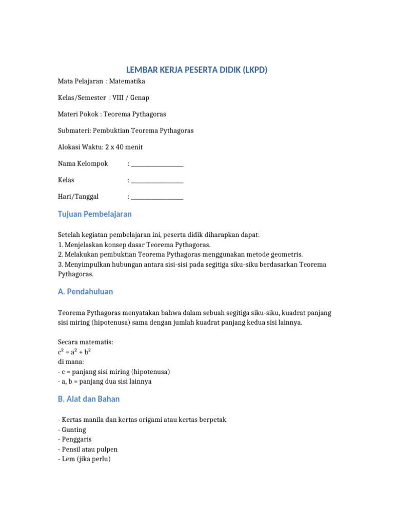LKPD Teorema Pythagoras - OKEE | PDF