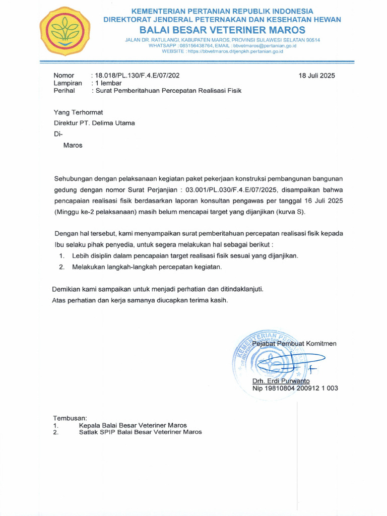 Surat Pemberitahuan Percepatan Realisasi Fisik | PDF