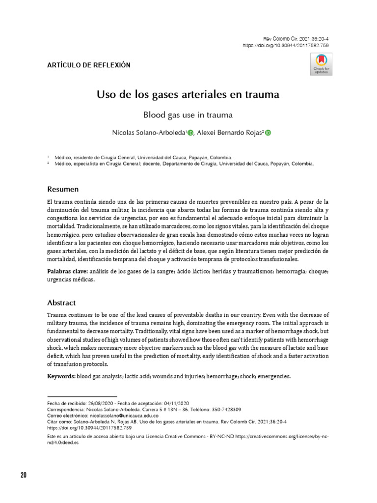 Uso de Gases Arteriales en Trauma | PDF | Choque (circulatorio) | Emergencias Médicas