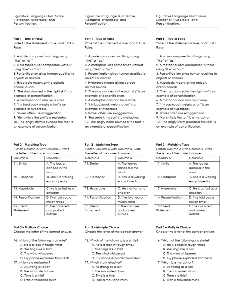 Figurative Language Quiz-1 | PDF | Metaphor
