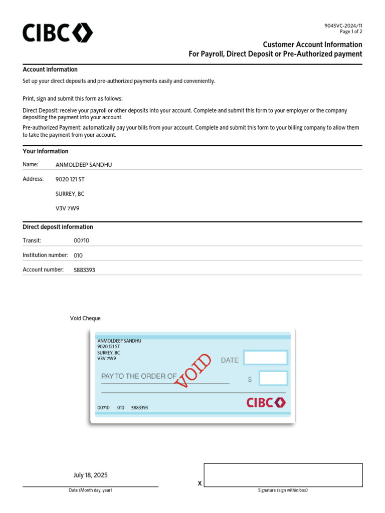 CIBC Void Cheque - Direct Deposit Form | PDF | Cheque | Payments