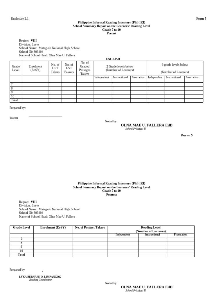 Encl. 2.1 - Phil-IRI Form 5 - GR 7-10 | PDF