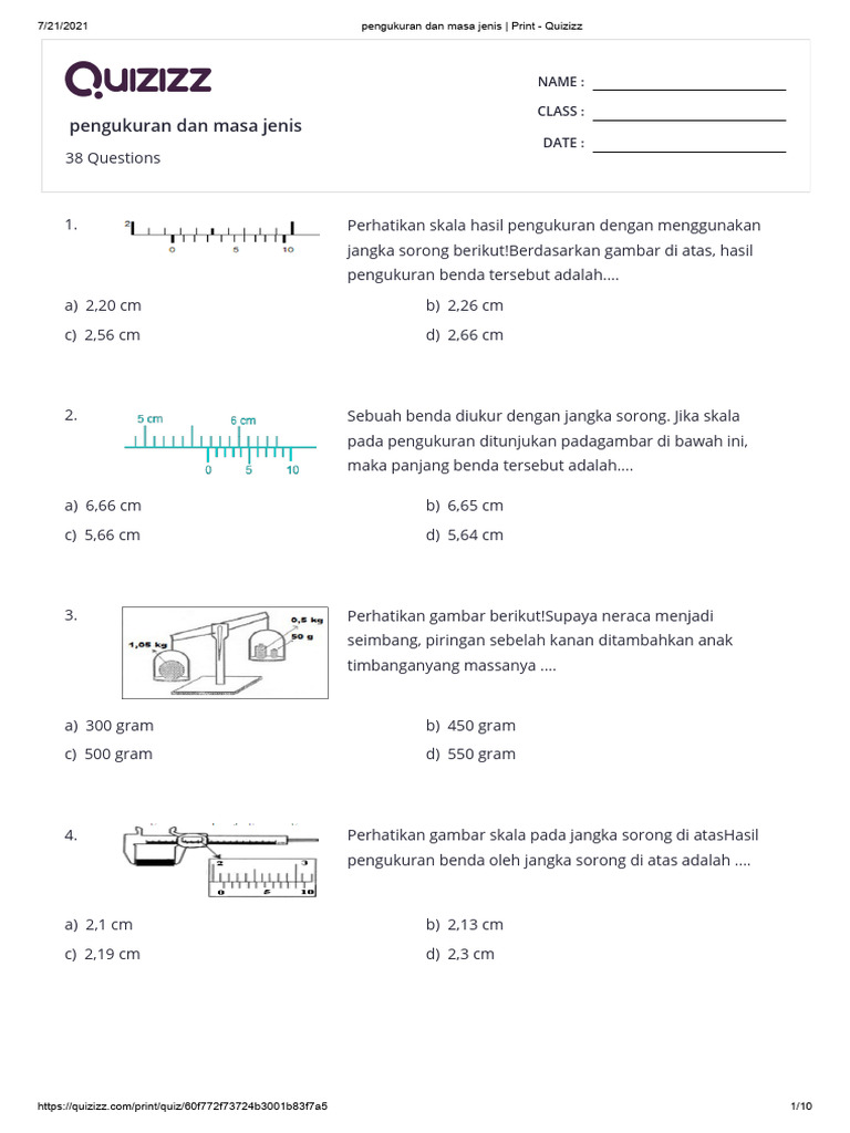 Pengukuran Dan Masa Jenis - Print - Quizizz | PDF