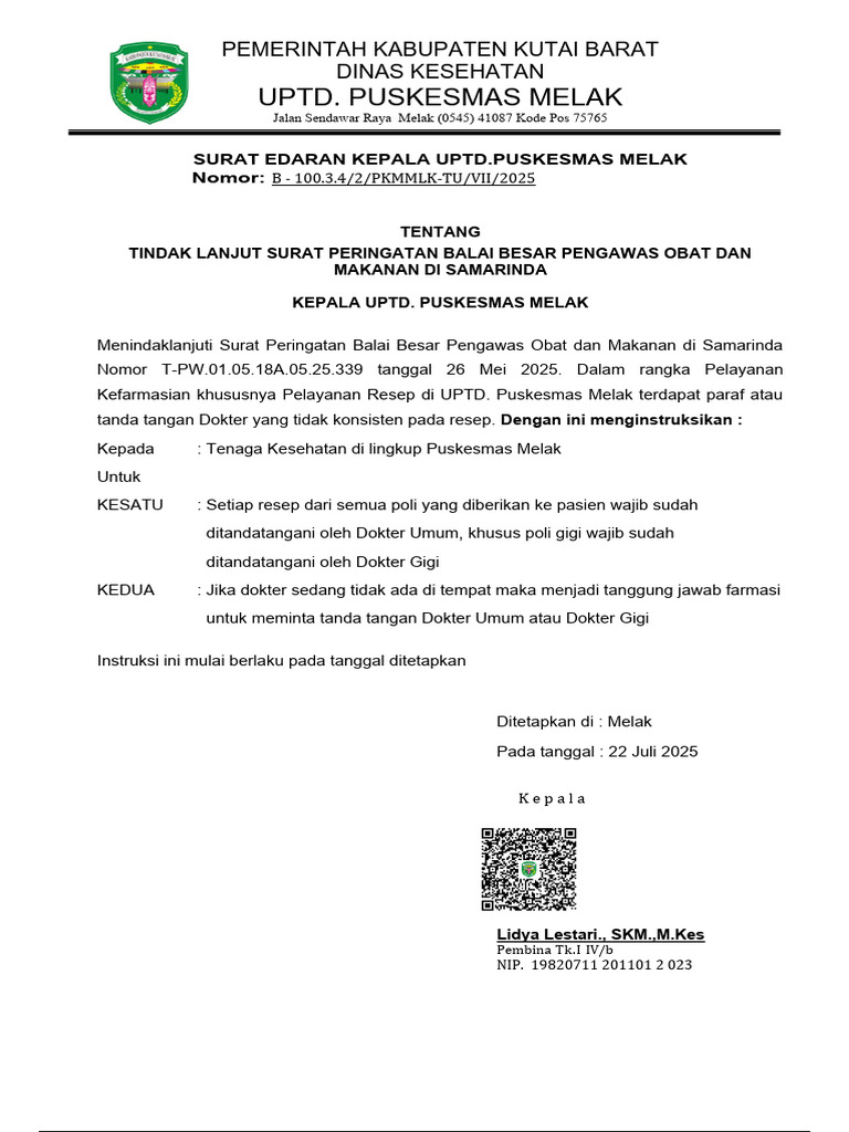 Instruksi Pimpus Tentang Resep | PDF