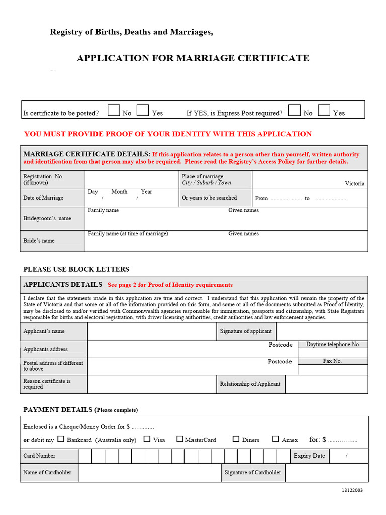 Marriage Certificate Application Form Victoria | PDF | Identity ...