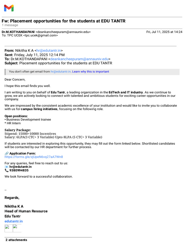 Gmail - FW - Placement Opportunities For The Students at EDU TANTR | PDF