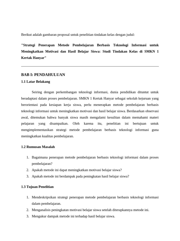 Berikut Adalah Gambaran Proposal Untuk Penelitian Tindakan Kelas Dengan ...
