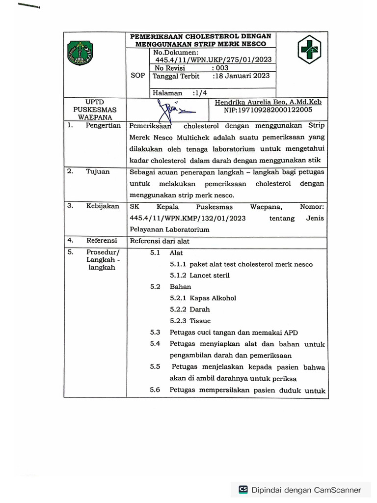 Sop Pemeriksaan Cholesterol Dengan Menggunakan Strip Merk Nesco | PDF