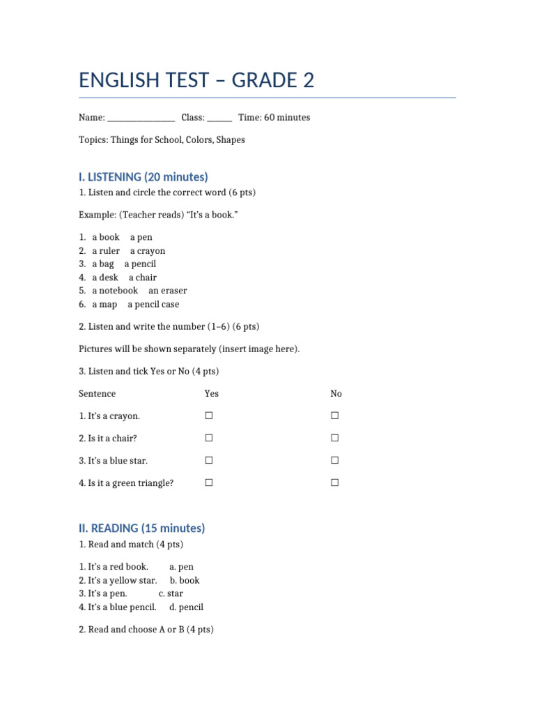 English Test Grade2 School Colors Shapes | PDF