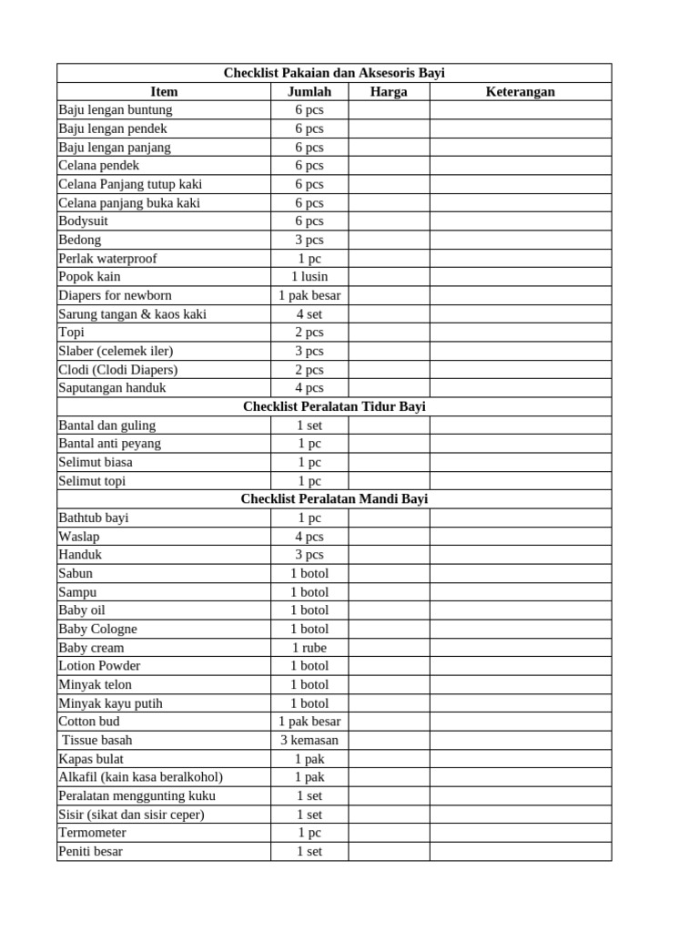 Checklist Perlengkapan Bayi Lengkap | PDF
