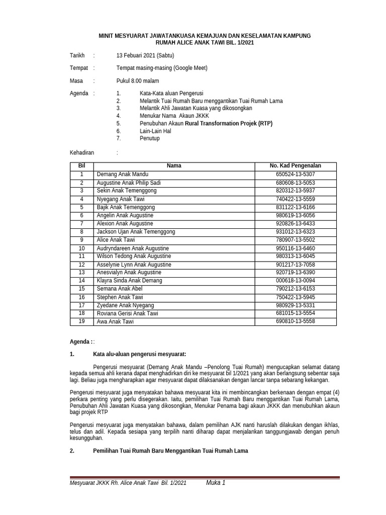 Minit Mesyuarat Pembubaran Dan Penubuhan JKKK Baru Bil 1 2021 | PDF