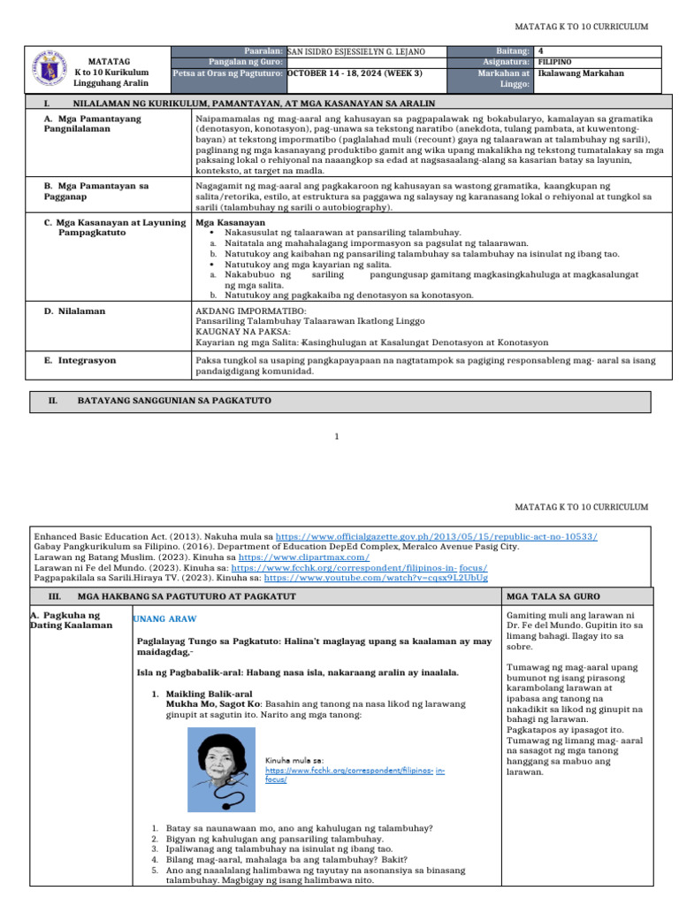 DLL Matatag - Filipino 4 q2 w3 | PDF