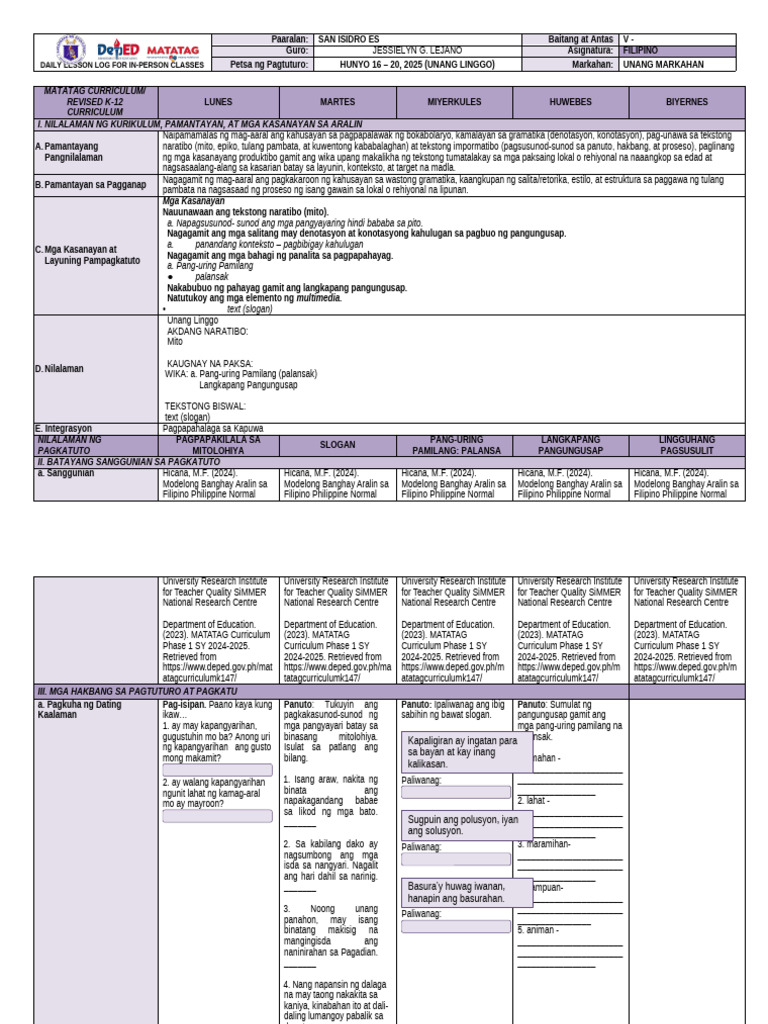 g5q1w1 DLL Filipino (Matatag) @sir Ims | PDF