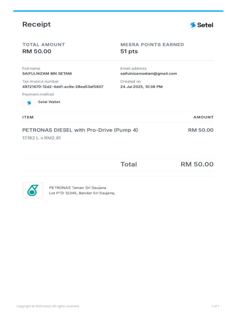 Setel Receipt for Petronas Diesel Purchase | PDF