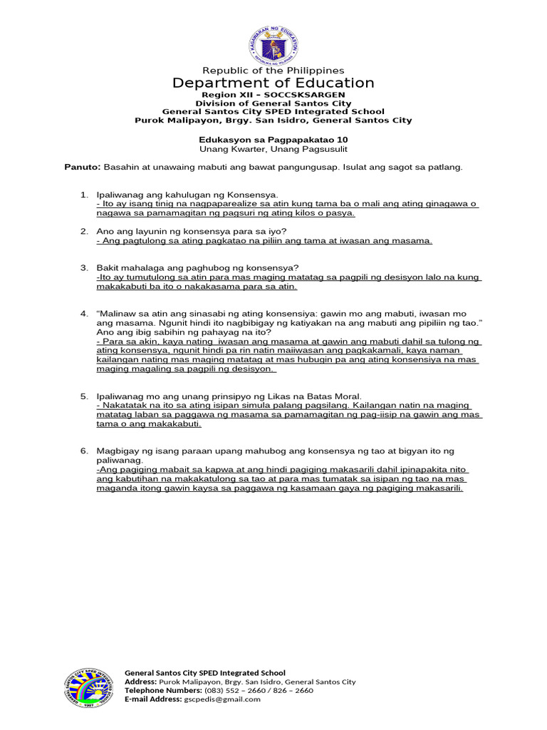 Unang Kwarter Ikalawang Pagsusulit Sa Esp 10 | PDF
