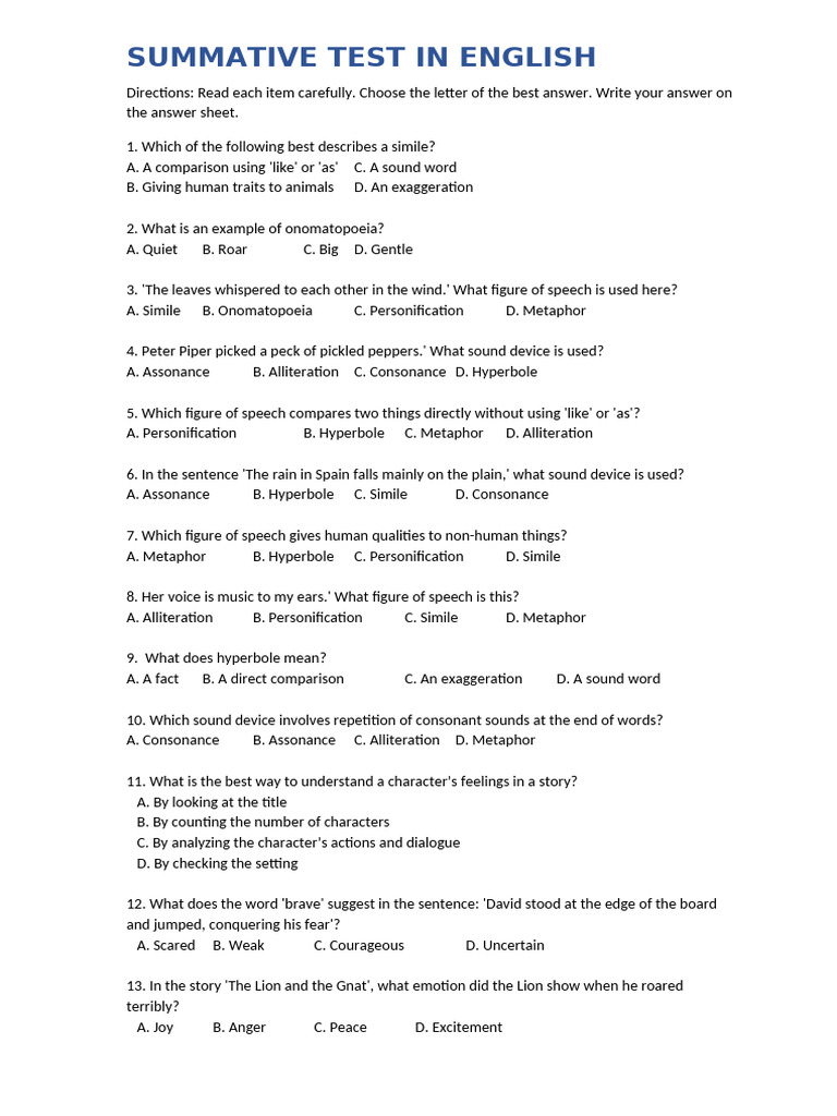 Summative Test in English | PDF | Metaphor