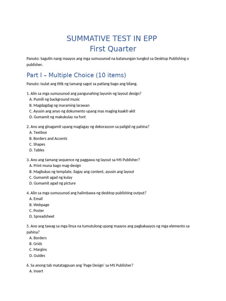 Summative Test in Epp | PDF