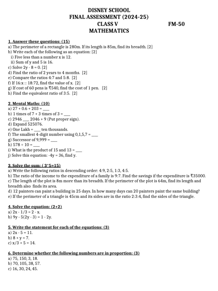 Final Assessment Class V Mathematics | PDF