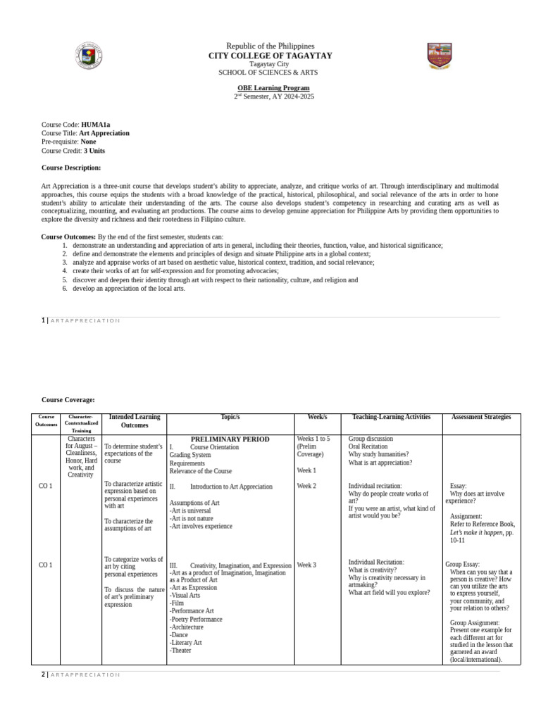 Huma1a Art Appreciation Syllabus | PDF | Aesthetics | Liberal Arts ...