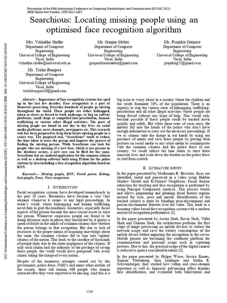 Searchious Locating Missing People Using An Optimised Face Recognition Algorithm | PDF ...