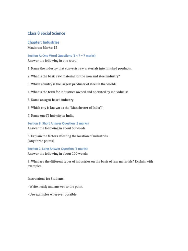 Class8 Industries Question Paper | PDF