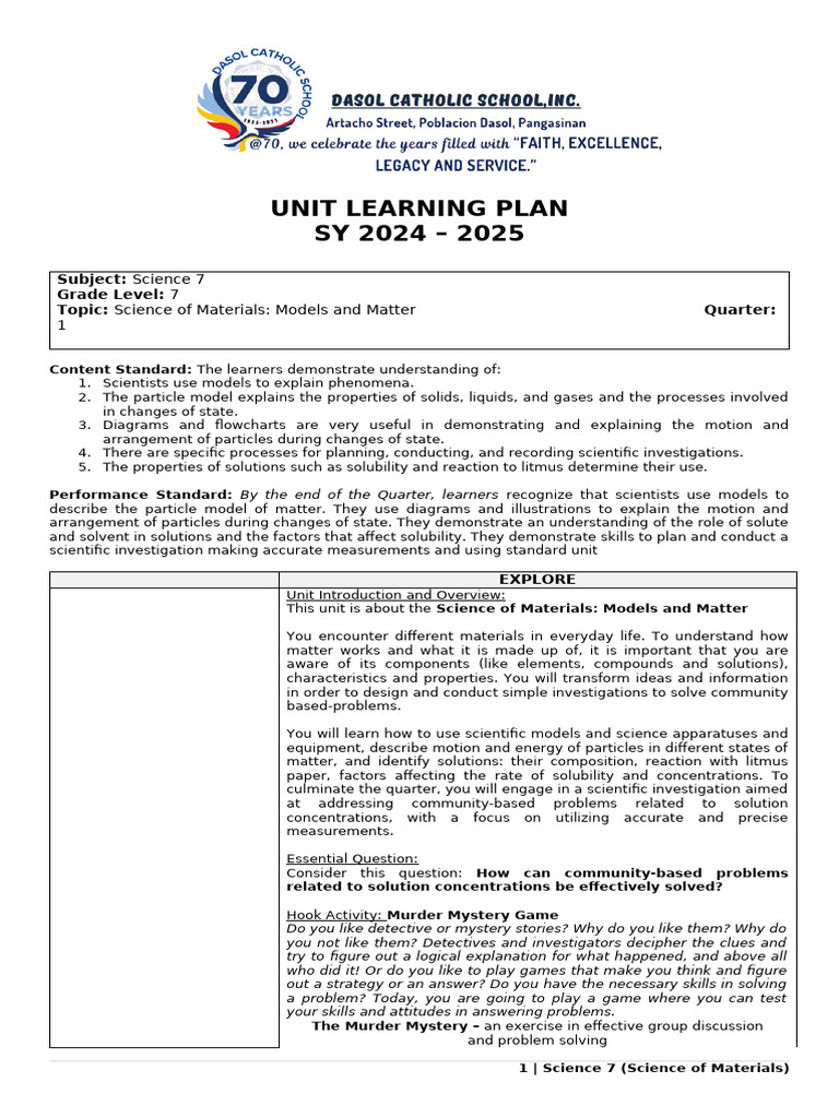 Science 7 q1 Unit Learning Plan | PDF | Gases | Matter
