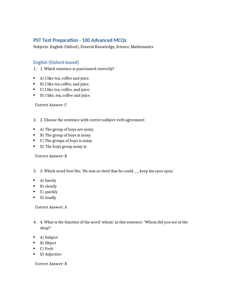 PST Test 100 Advanced MCQs | PDF | Verb | Water