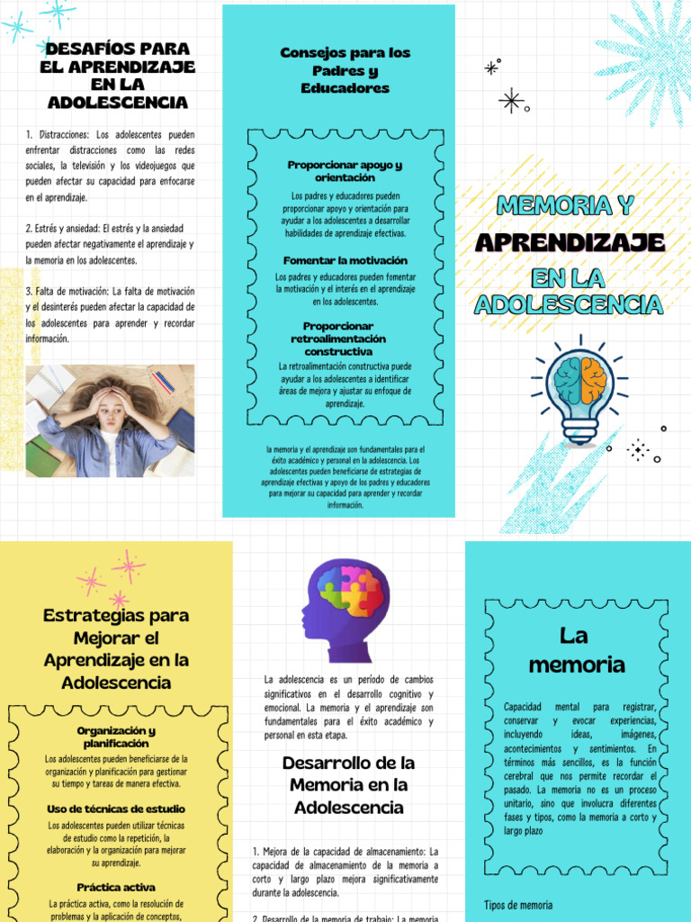 Folleto Tríptico Memoria y Aprendizaje en La Adolescencia | PDF | Memoria | Aprendizaje