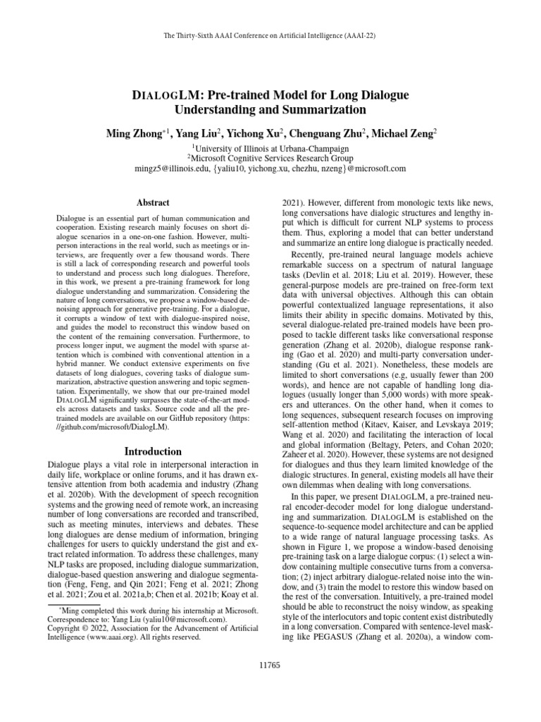 (AAAI2022) DIALOGLM Pre-Trained Model For Long Dialogue Understanding and Summarization | PDF ...