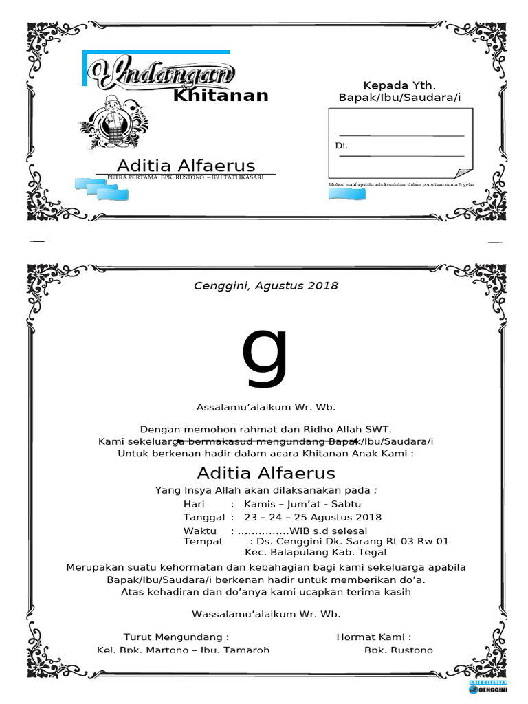 Contoh Undangan Khitan K33U Bariroh | PDF