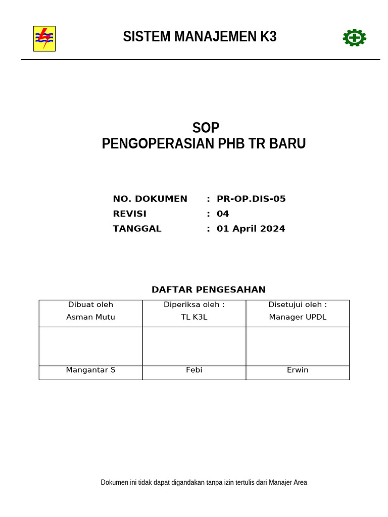 4a Sop Pemeliharaan PHB-TR Rev 0 | PDF