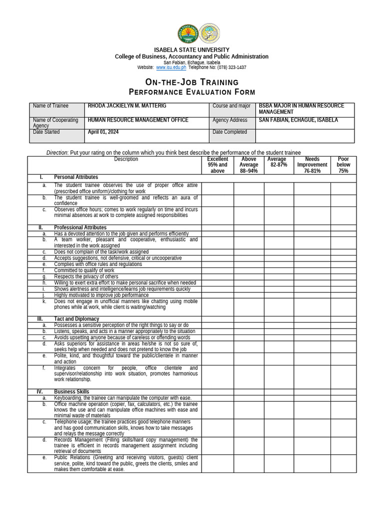 3 Performance Evaluation Form OJT | PDF | Communication
