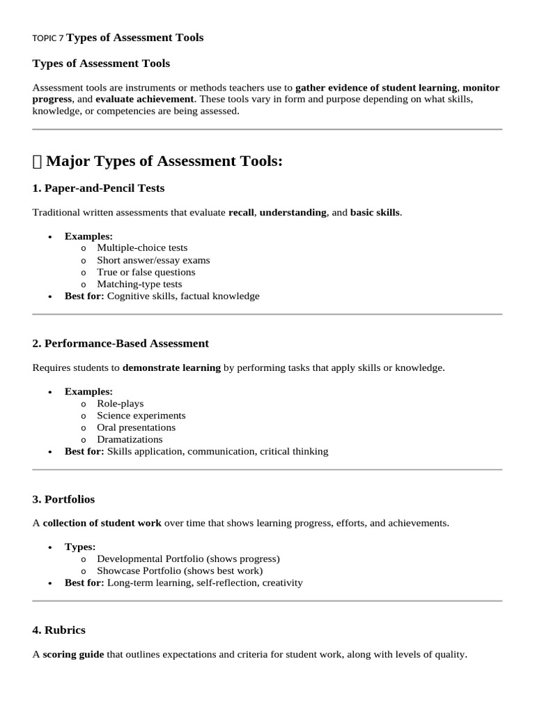 TOPIC 7 Types of Assessment Tools | PDF | Educational Assessment | Learning