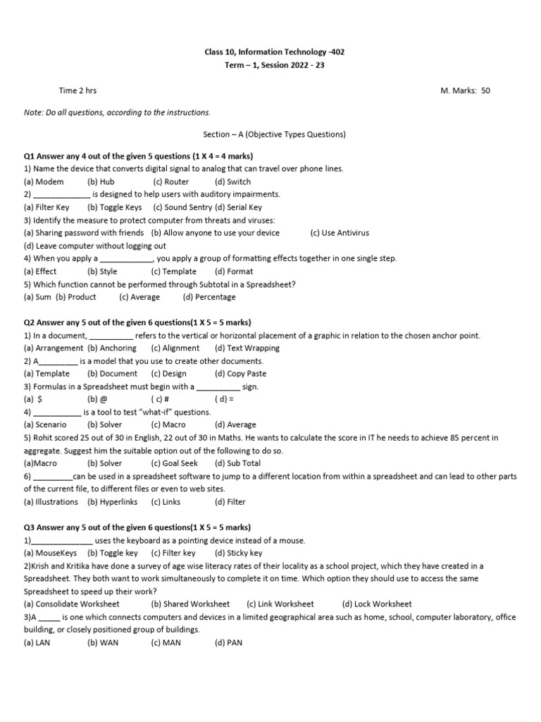 Class 10 IT 402 QP 2022-23 | PDF | Spreadsheet | Worksheet