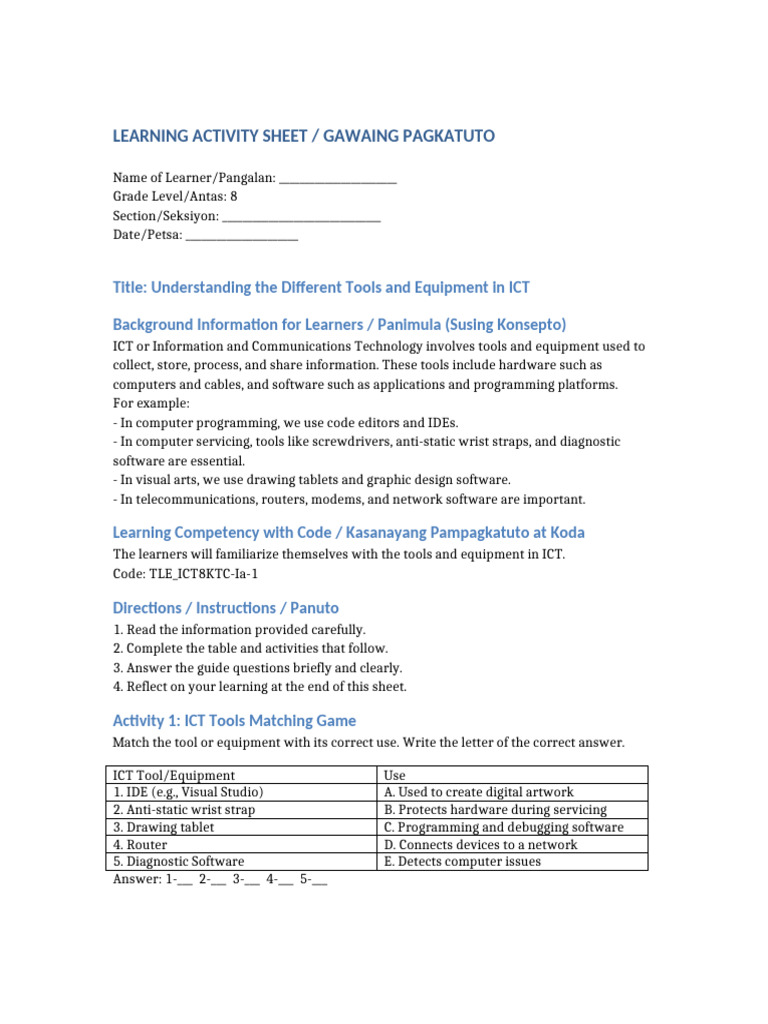 Grade8 ICT LAS With Classification | PDF | Computer Programming | Educational Technology