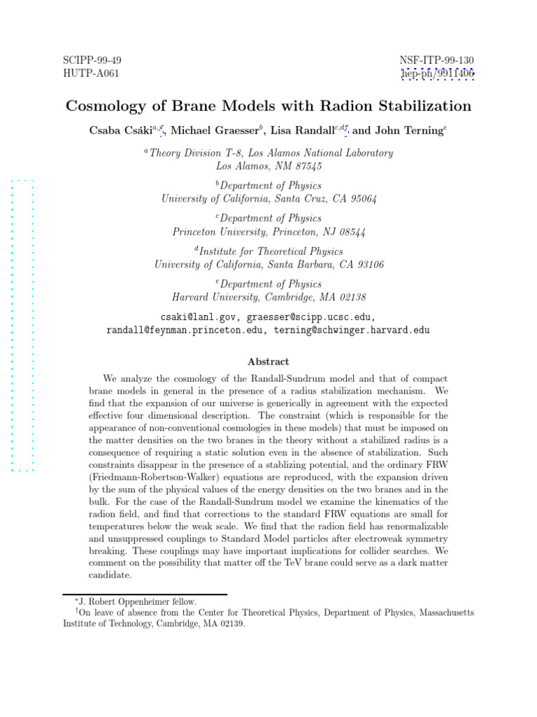 Brane Cosmology with Radion Stabilization | PDF | Physical Cosmology ...