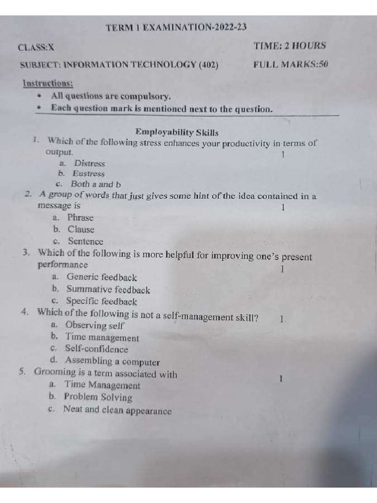 Class 10 IT 402 Sample Paper 2022-23 | PDF